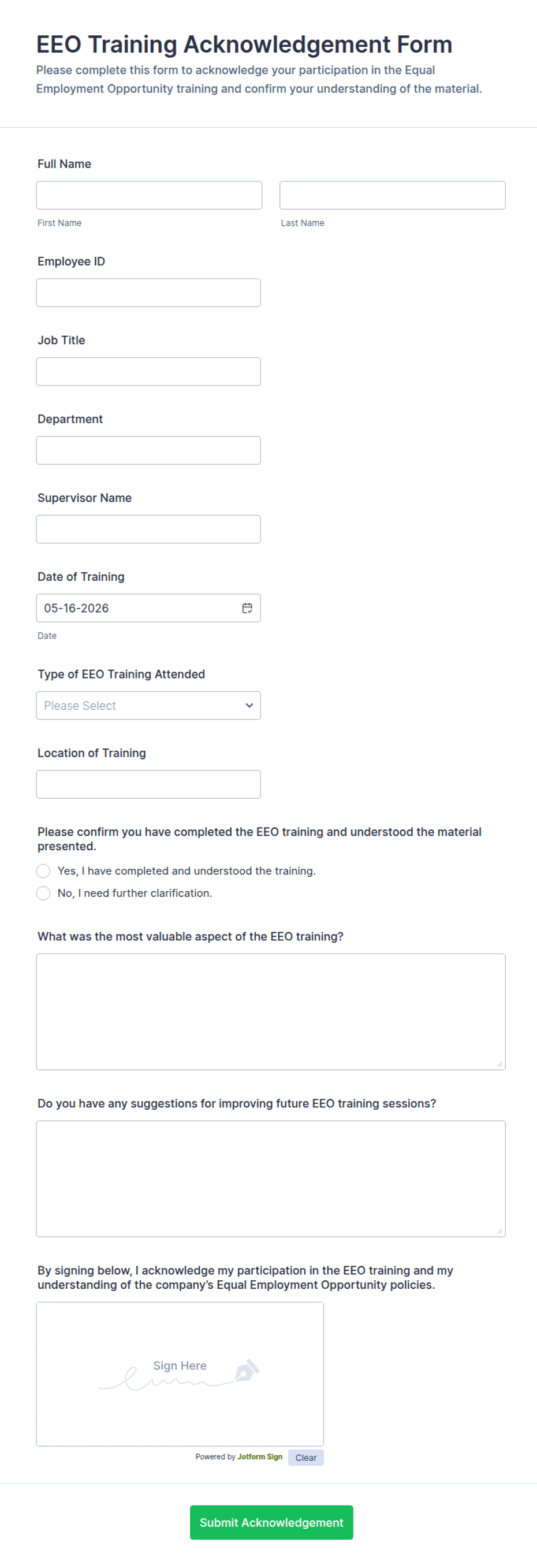 EEO Training Acknowledgement Form Template | Jotform