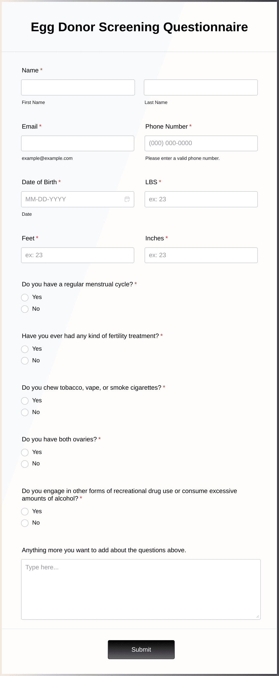 Egg Donor Screening Questionnaire Form Template | Jotform