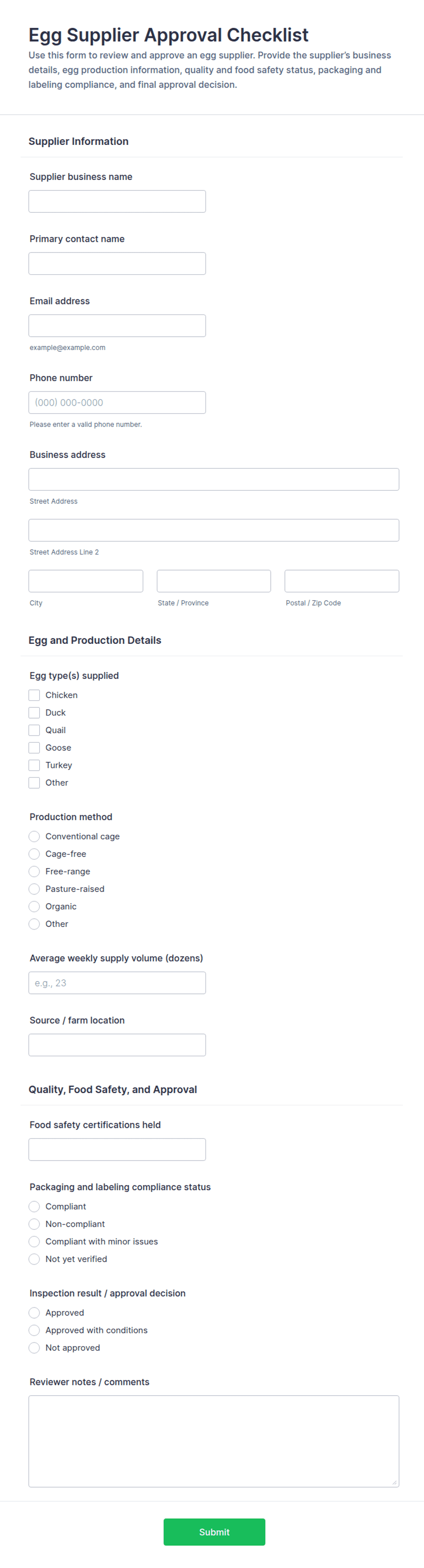 Egg Supplier Approval Checklist Form Template | Jotform