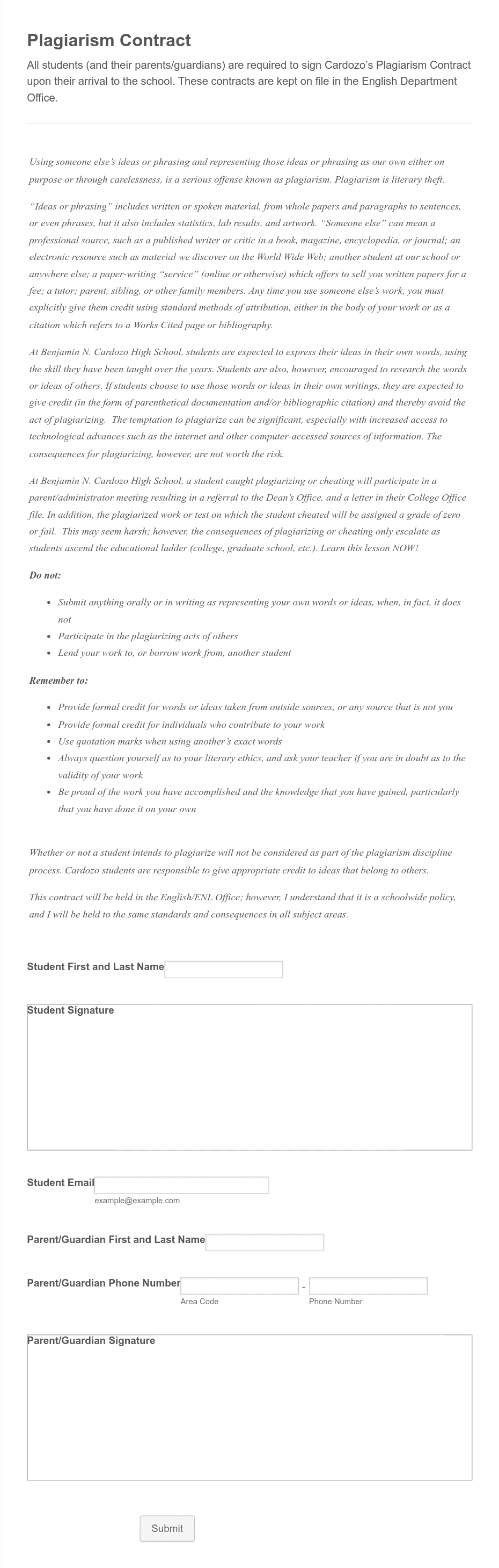 ELA Plagiarism Contract Form Template | Jotform