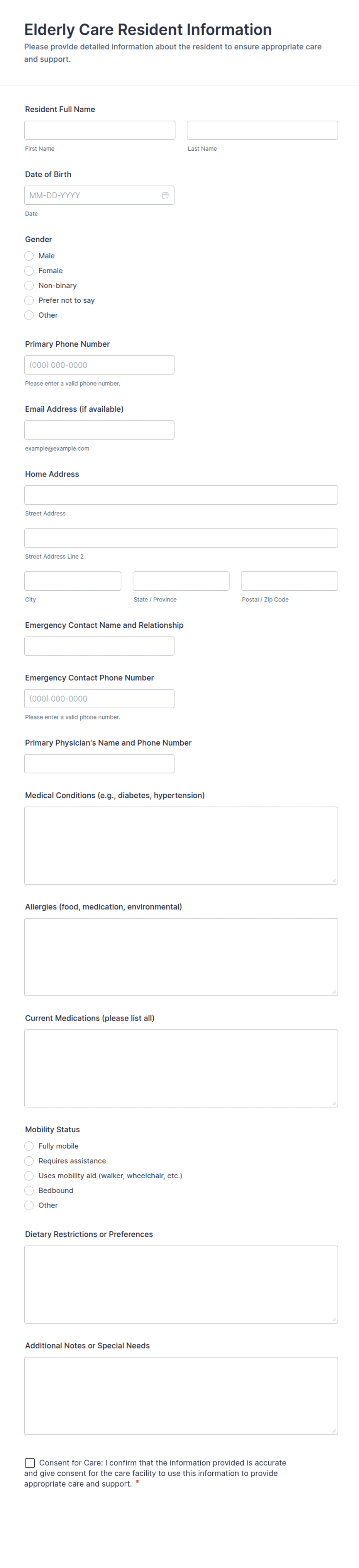 Elderly Care Resident Information Form Template | Jotform