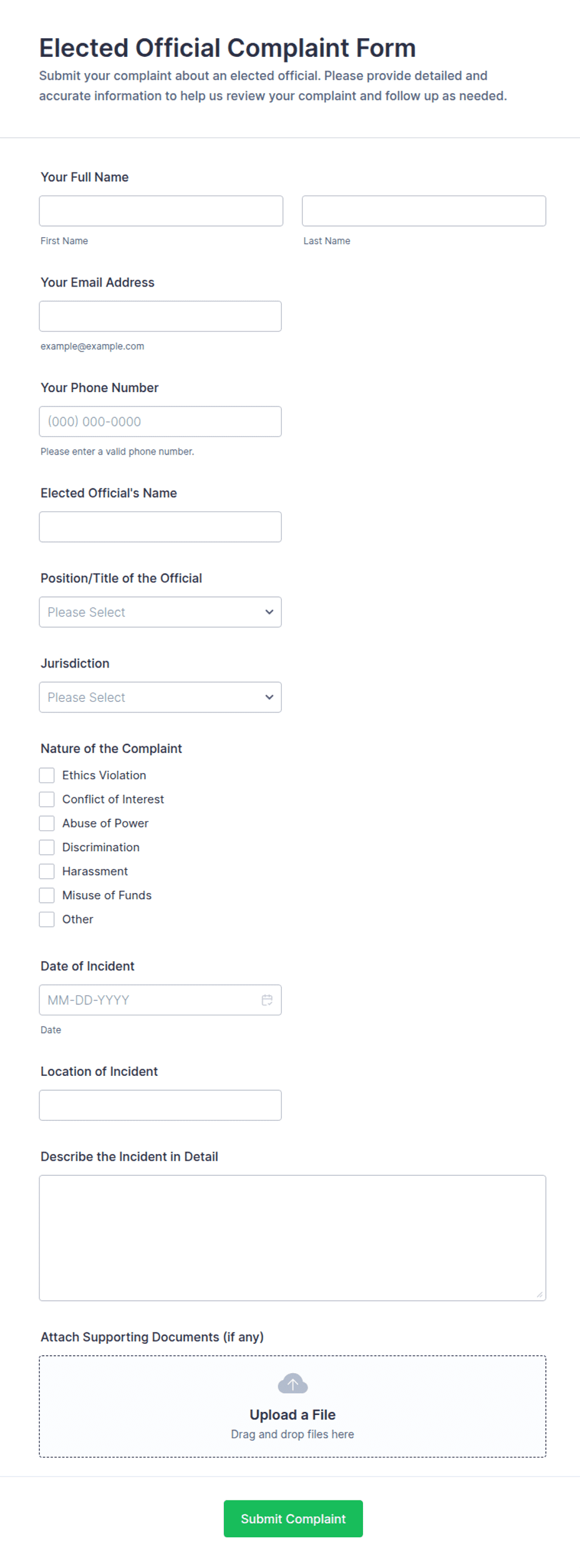 Elected Official Complaint Form Template | Jotform