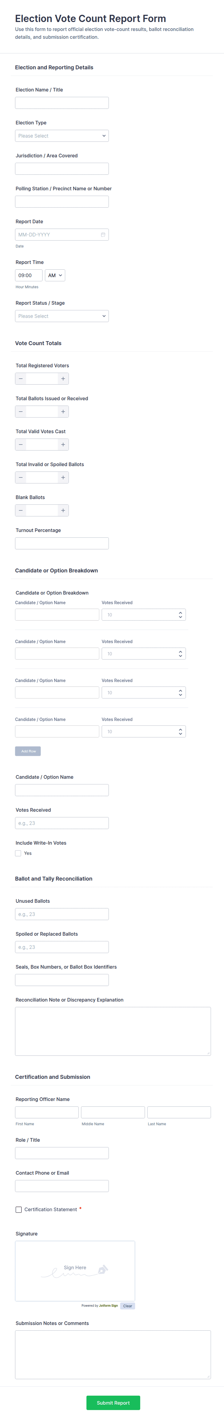 Election Vote Count Report Form Template | Jotform