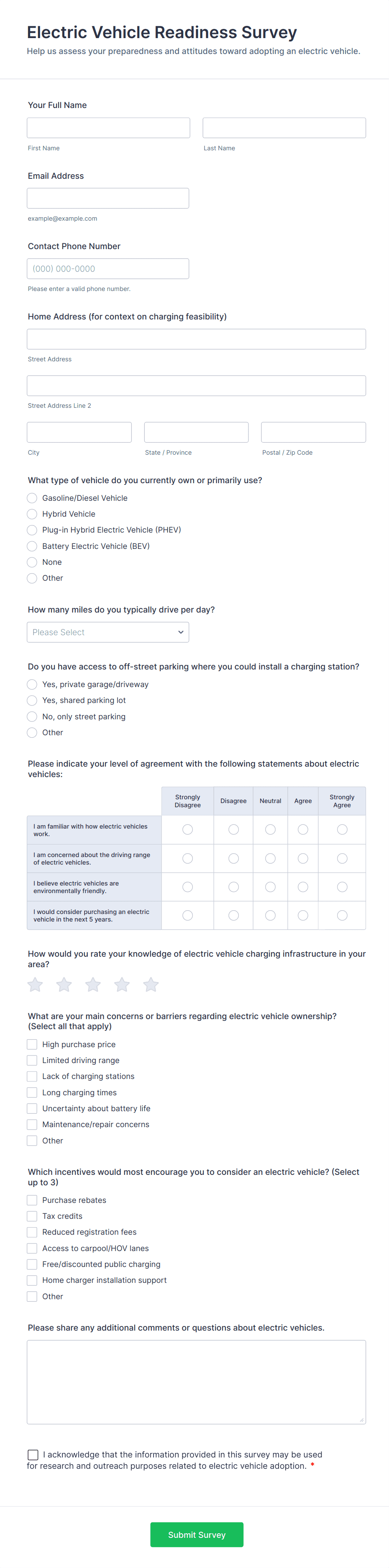 Electric Vehicle Readiness Survey Form Template | Jotform