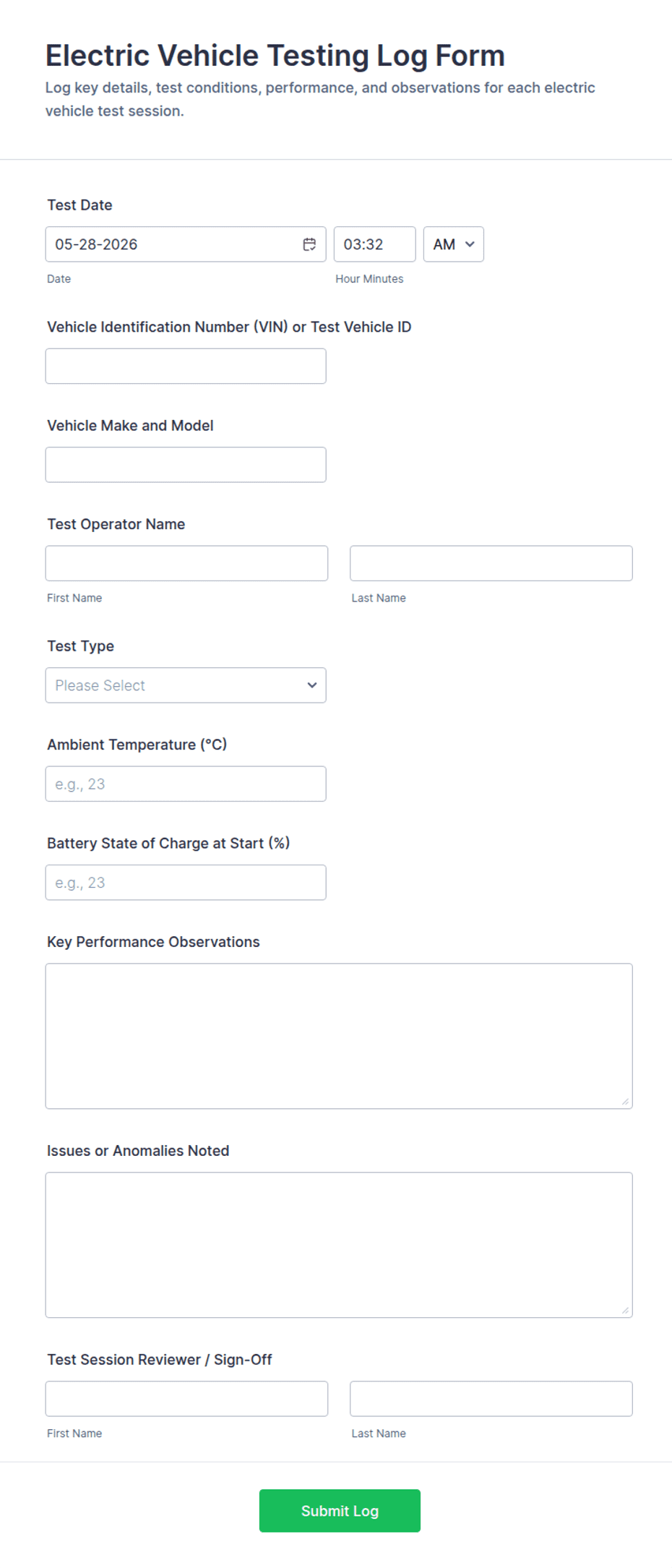 Electric Vehicle Testing Log Form Template | Jotform