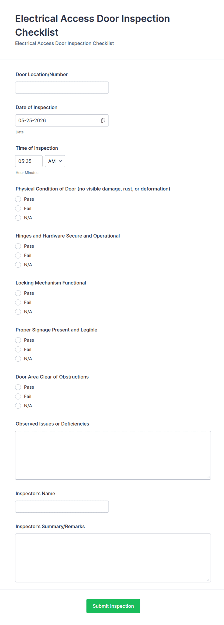 Electrical Access Door Inspection Checklist Form Template | Jotform