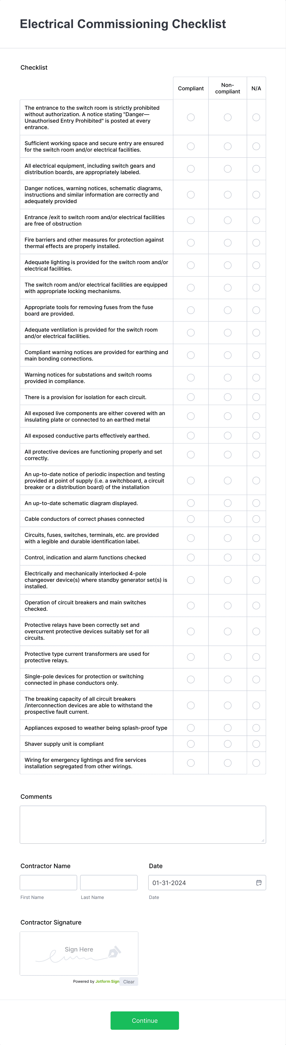 Electrical Commissioning Checklist Form Template | Jotform