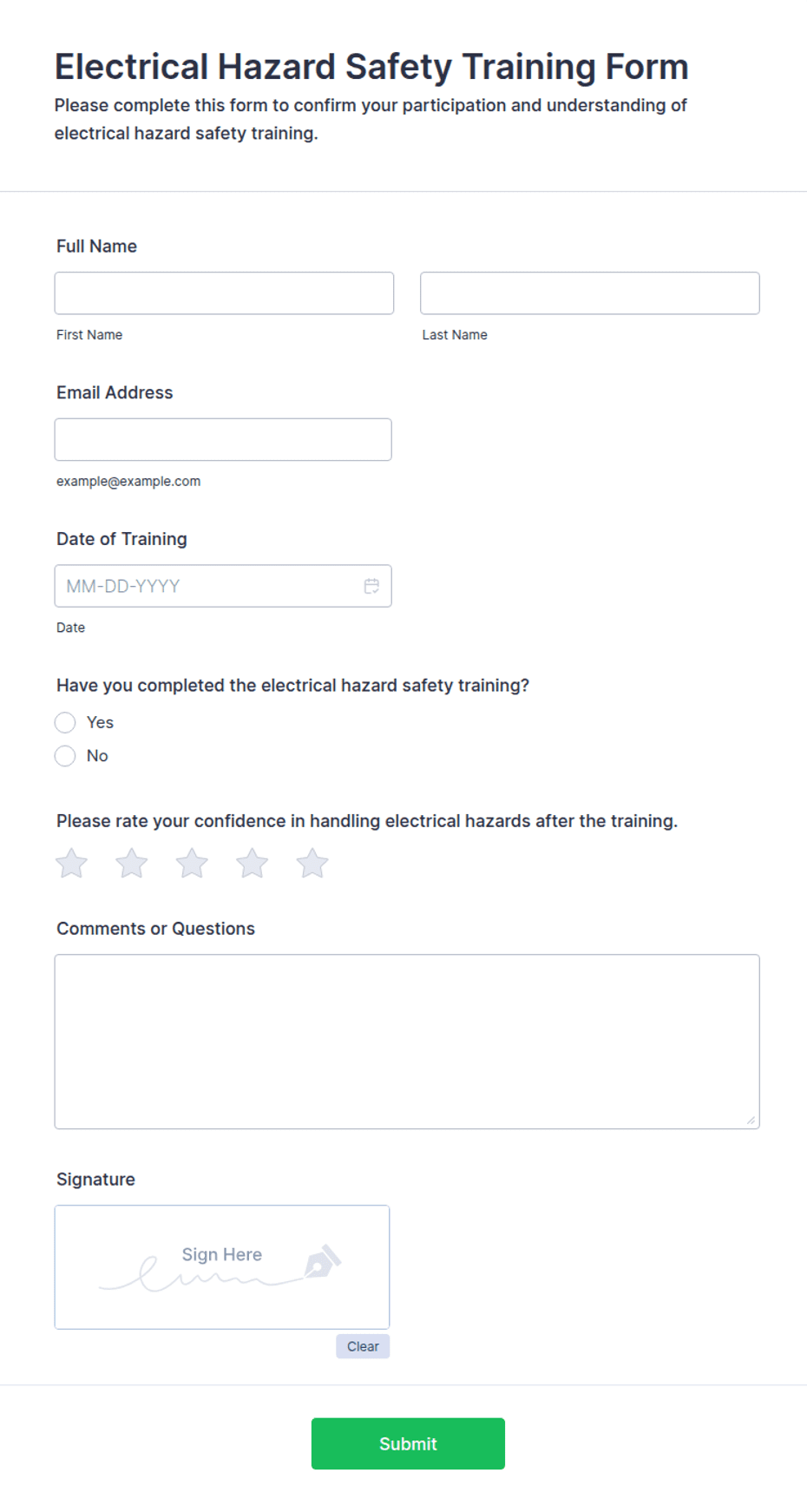 Electrical Hazard Safety Training Form Template | Jotform