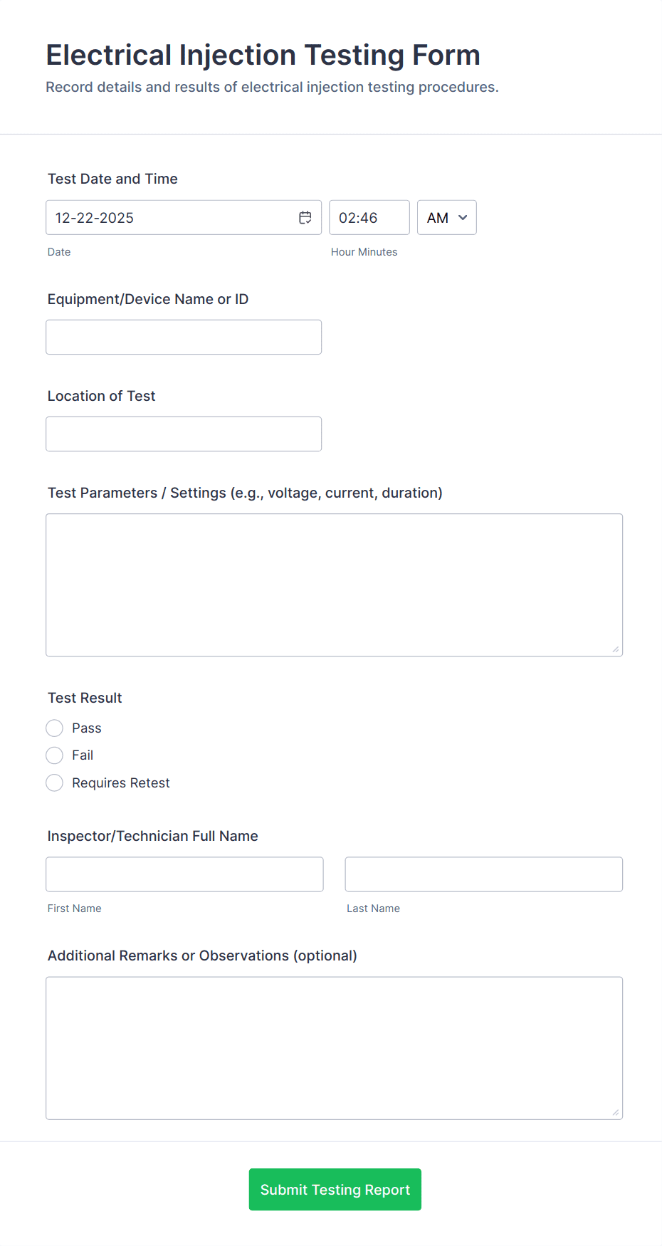 Electrical Injection Testing Form Template | Jotform