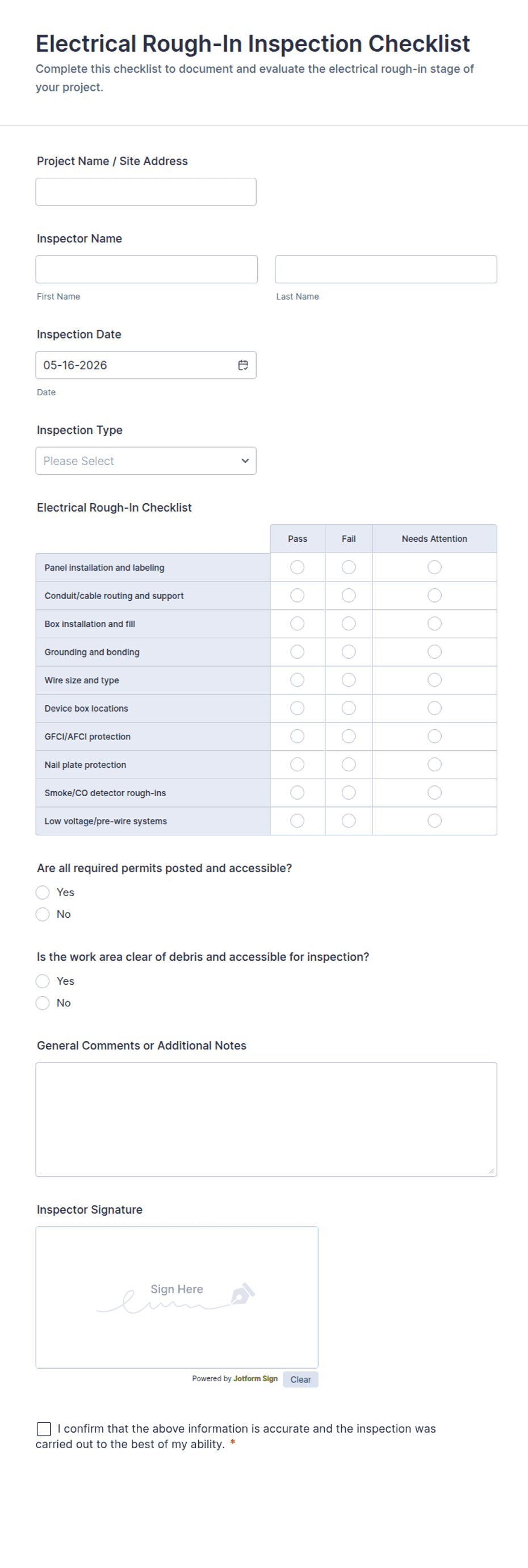 Electrical Rough-In Inspection Checklist Form Template | Jotform