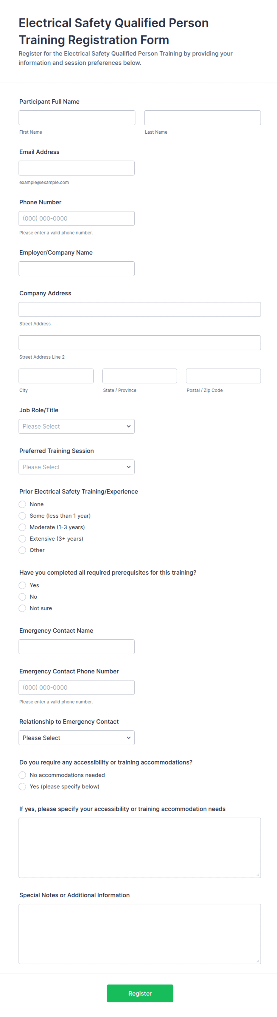 Electrical Safety Qualified Person Training Registration Form Template ...