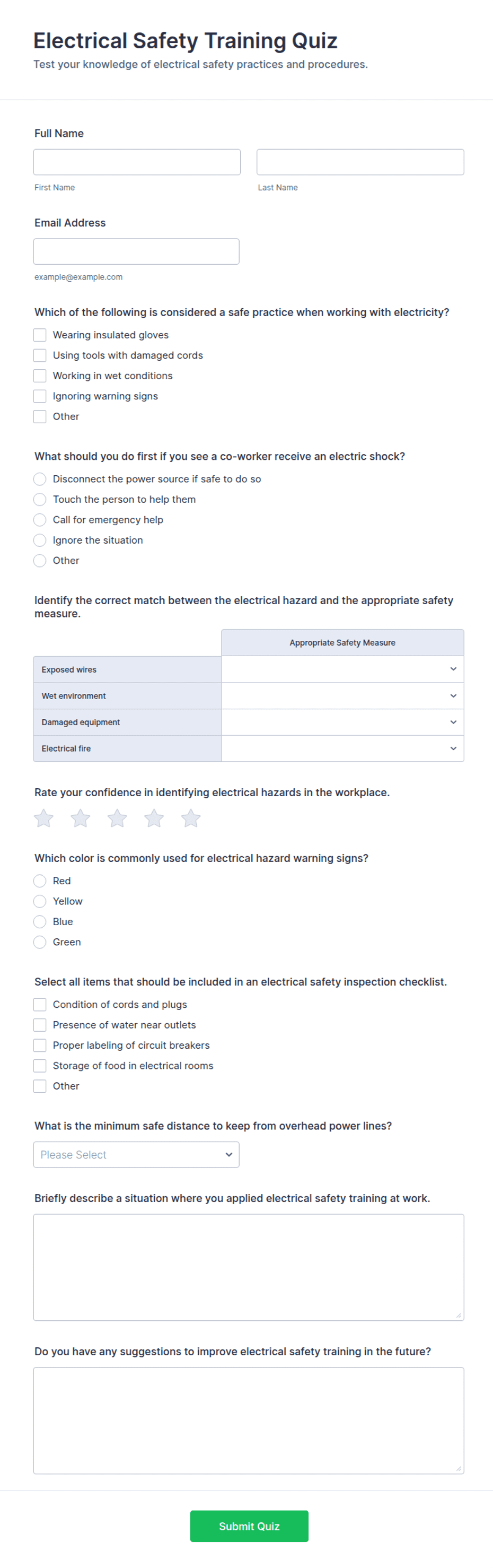 Electrical Safety Training Quiz Form Template | Jotform