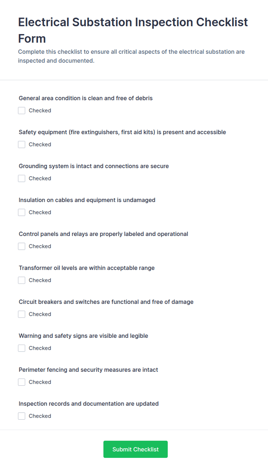 Electrical Substation Inspection Checklist Form Template | Jotform
