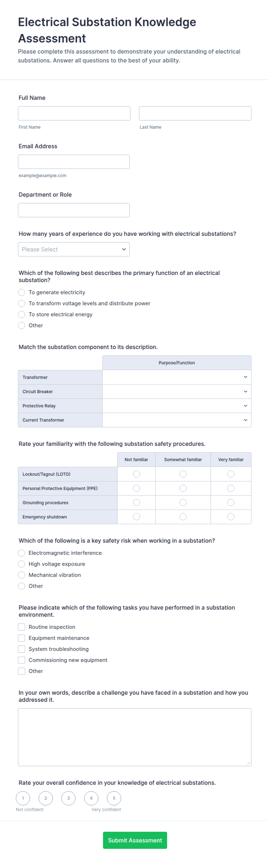 Electrical Substation Knowledge Assessment Form Template | Jotform