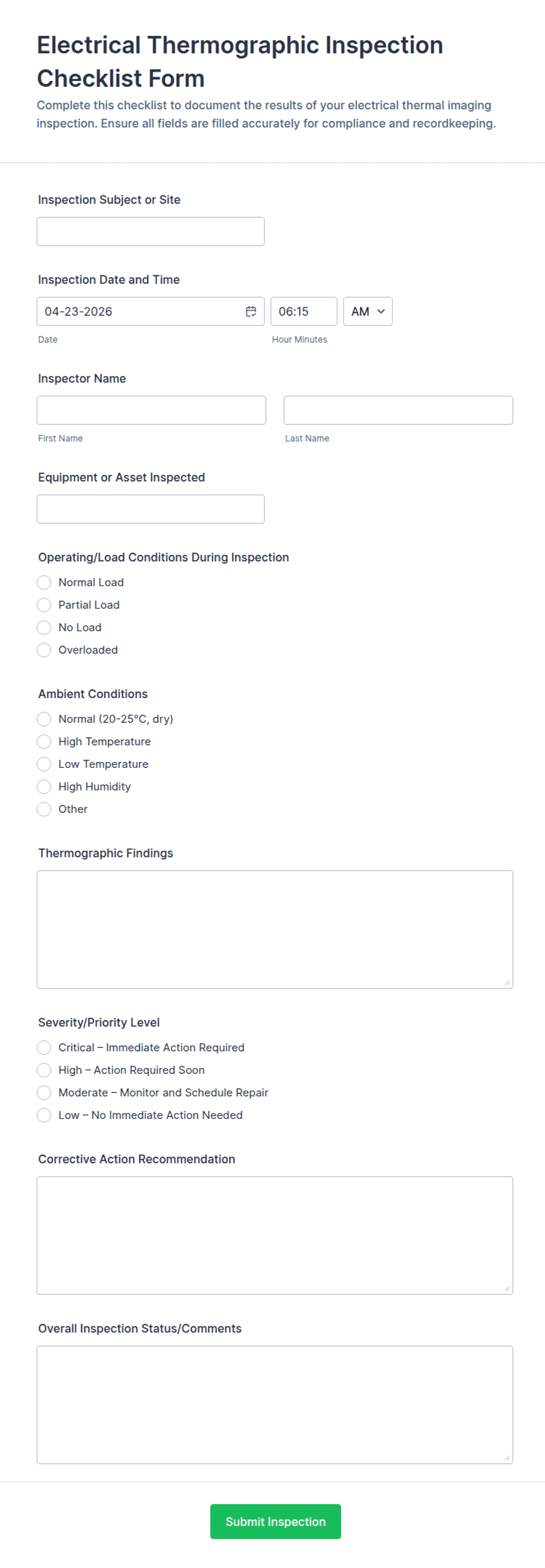 Electrical Thermographic Inspection Checklist Form Template | Jotform