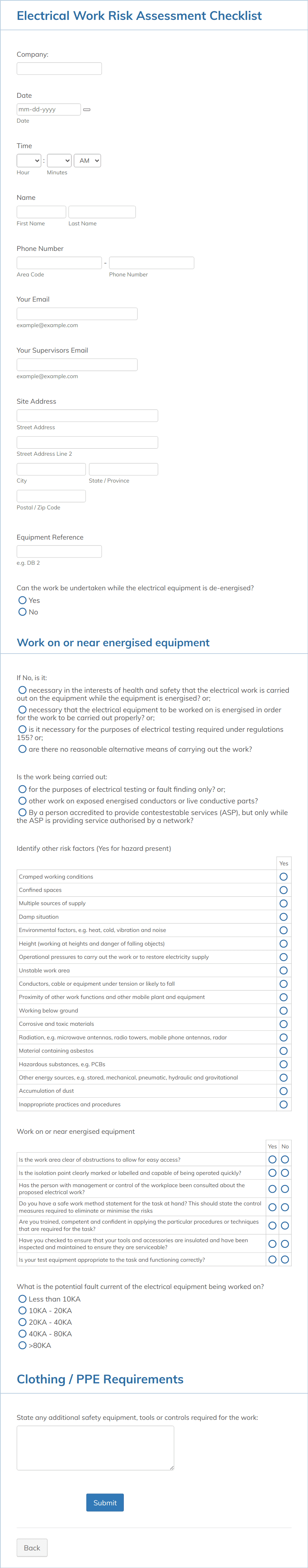 Electrical Work Risk Assessment Checklist Form Template | Jotform