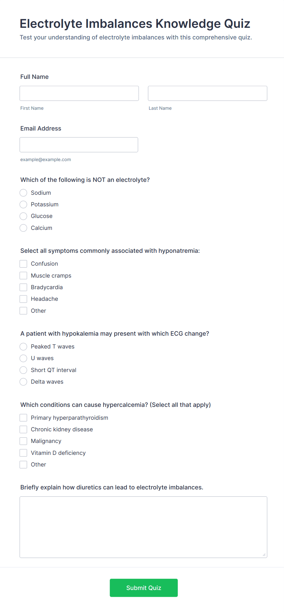 Electrolyte Imbalances Knowledge Quiz Form Template | Jotform