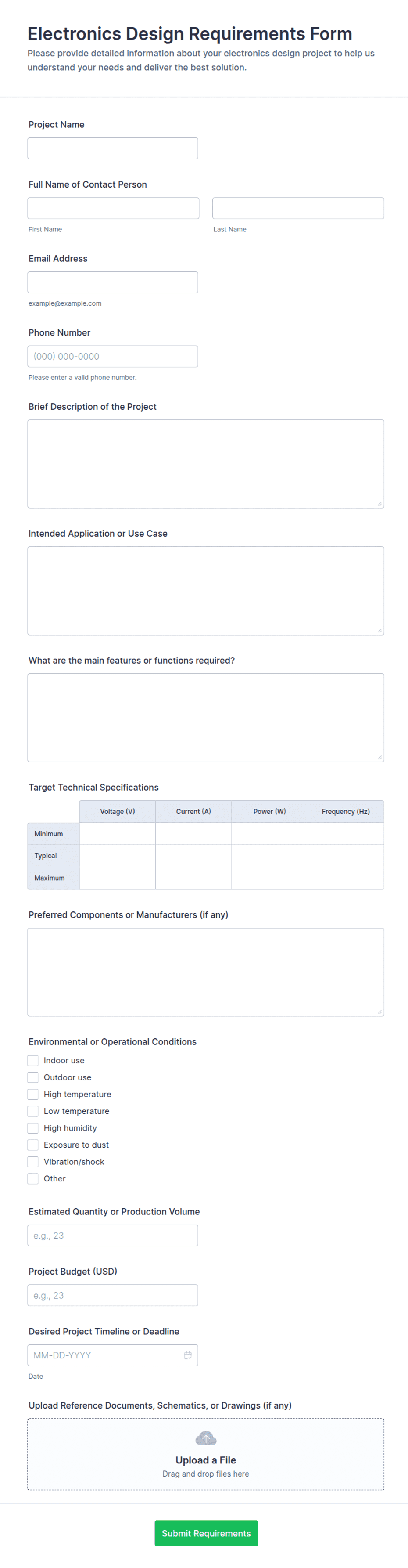 Electronics Design Requirements Form Template | Jotform