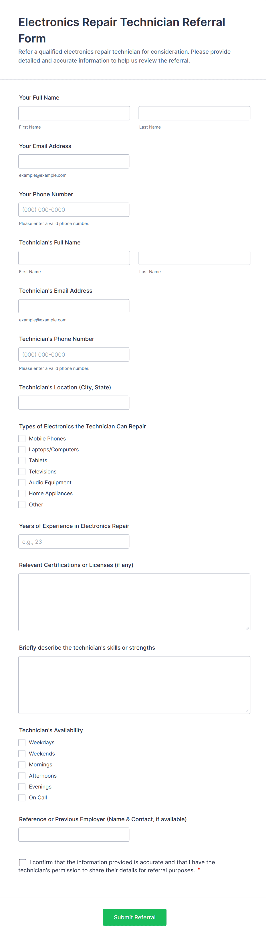Electronics Repair Technician Referral Form Form Template | Jotform