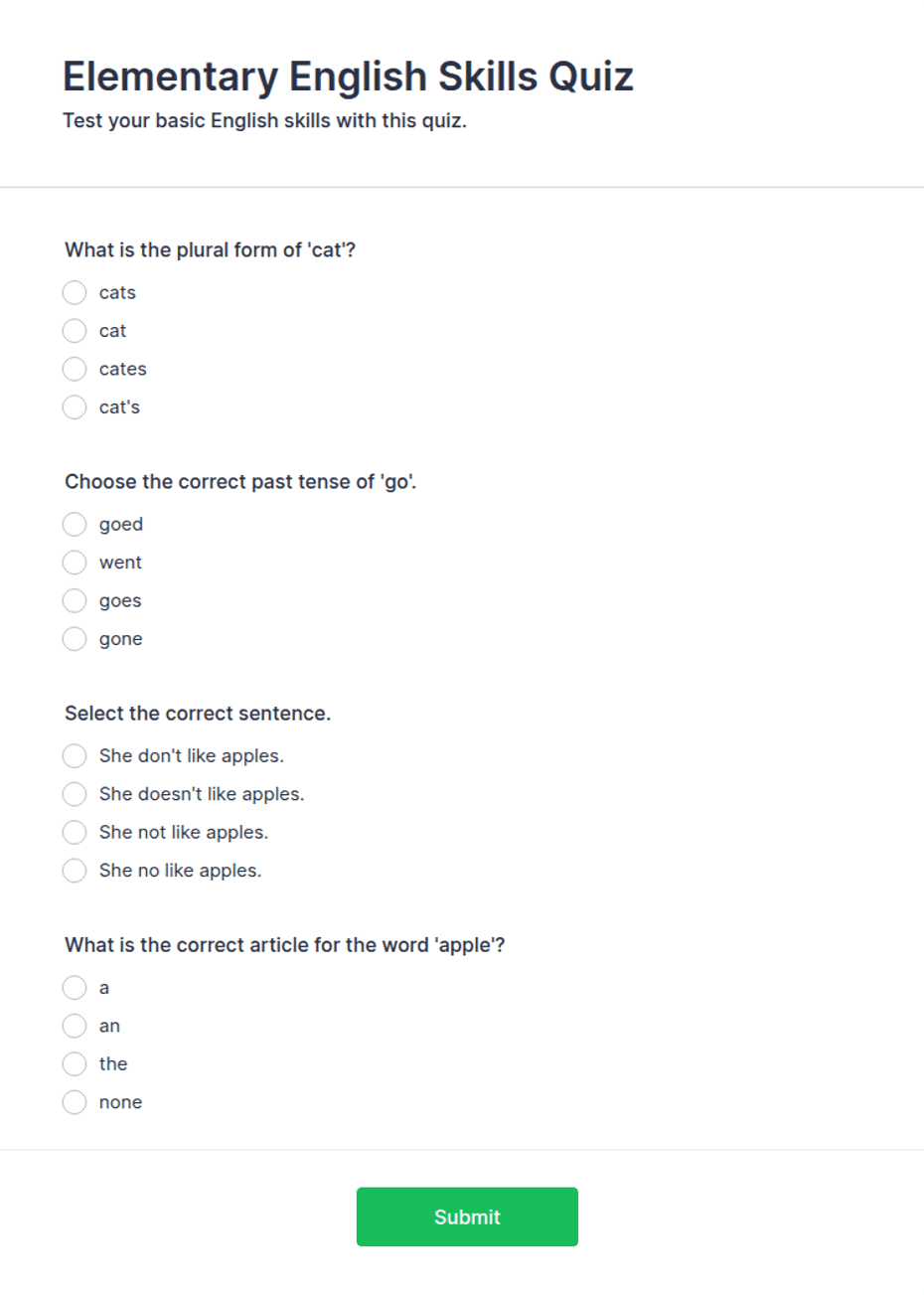 Elementary English Skills Quiz Form Template | Jotform