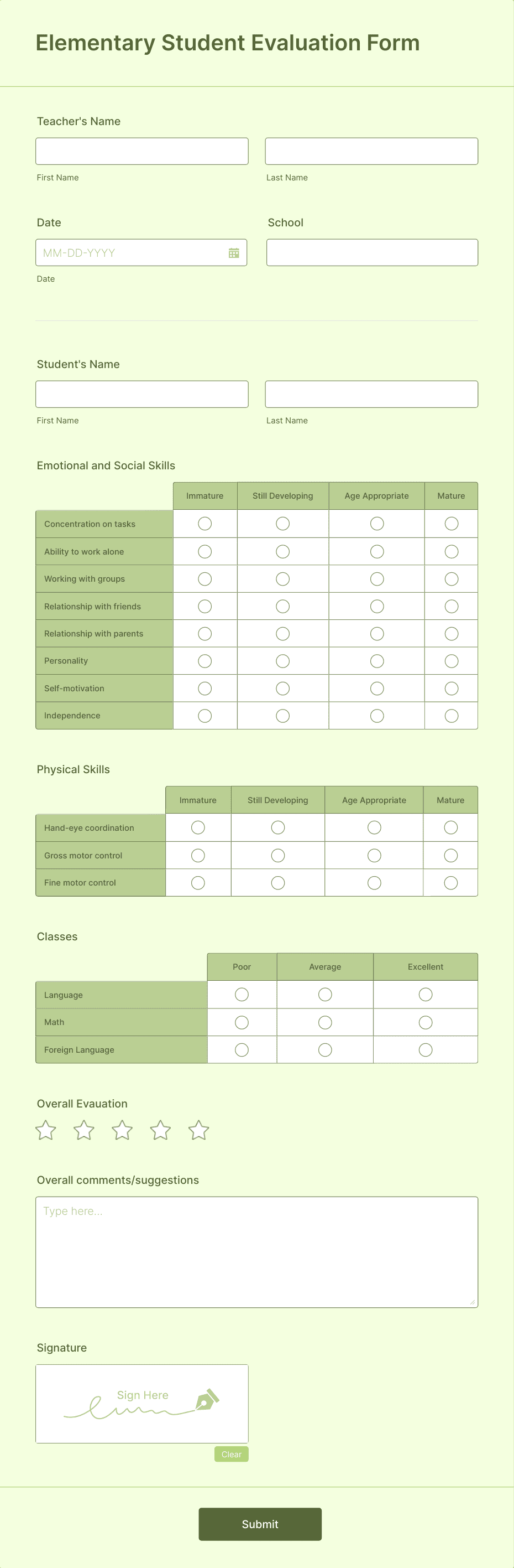 Elementary Student Evaluation Form Template | Jotform
