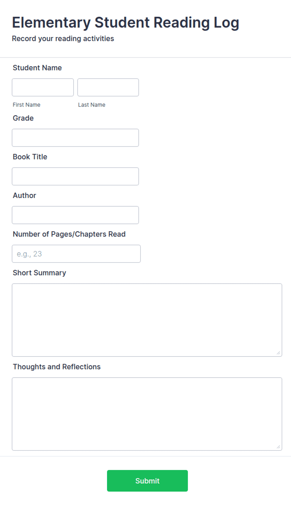 Elementary Student Reading Log Form Template | Jotform