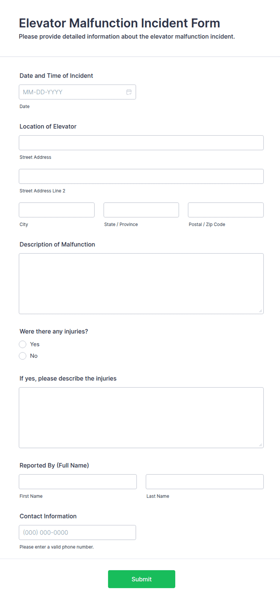 Elevator Malfunction Incident Form Template | Jotform