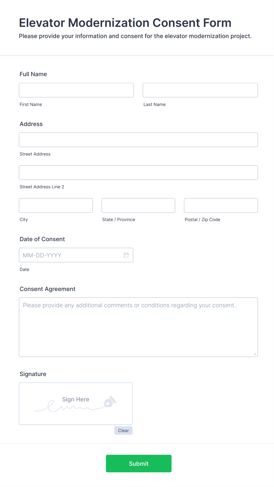 Elevator Modernization Consent Form Template | Jotform