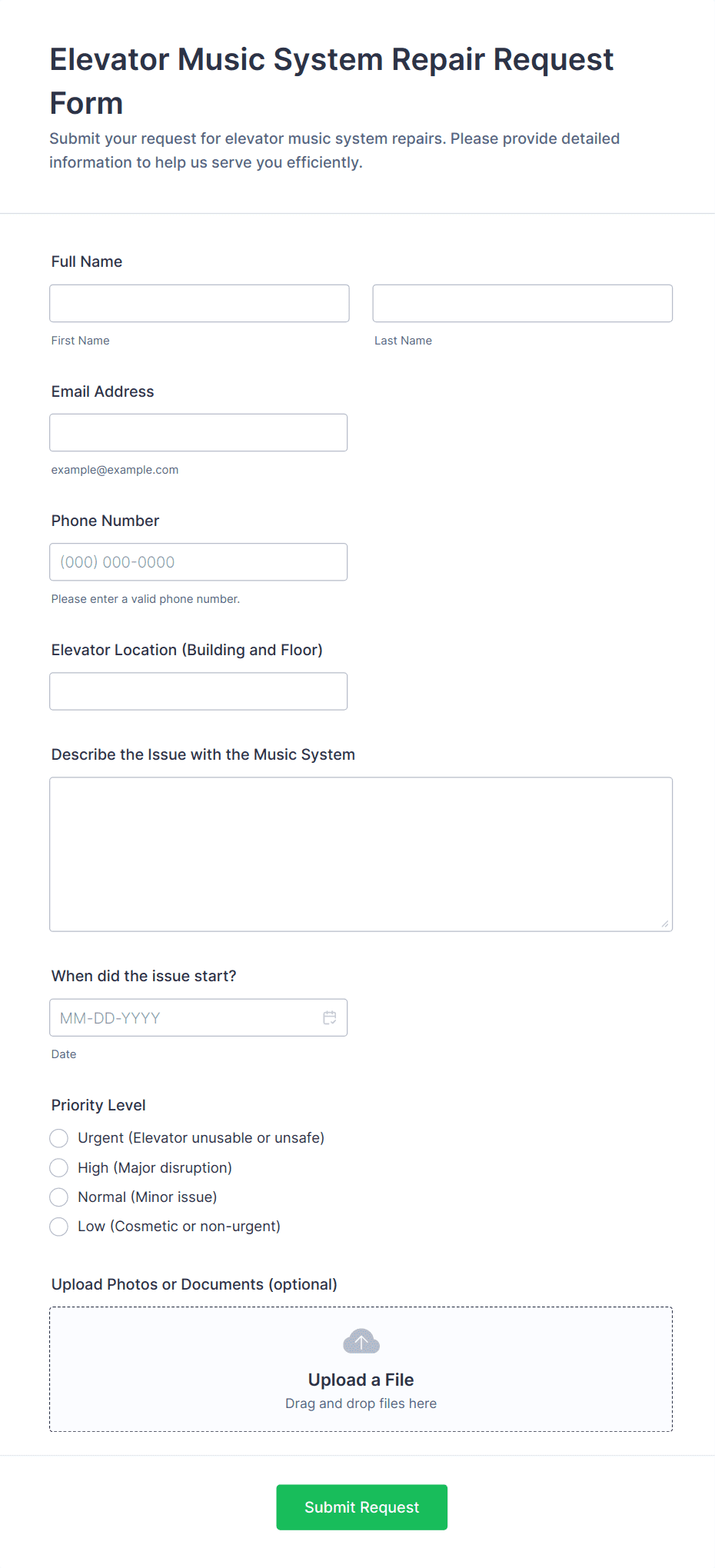 Elevator Music System Repair Request Form Template | Jotform