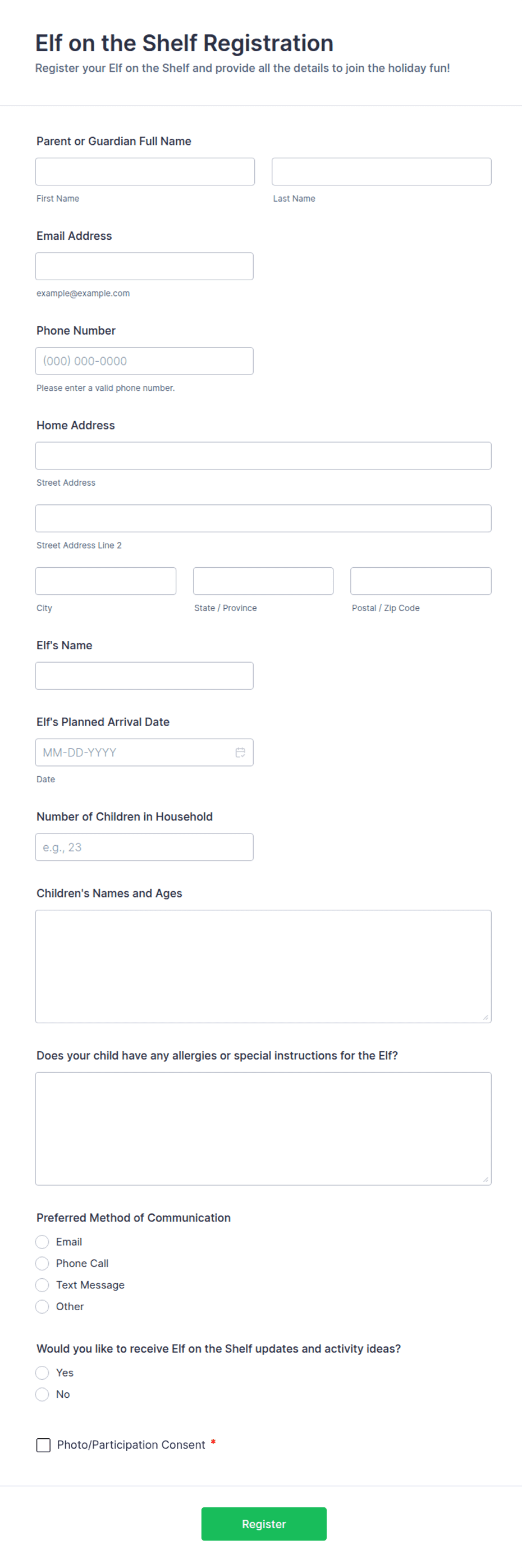 Elf on the Shelf Registration Form Template | Jotform