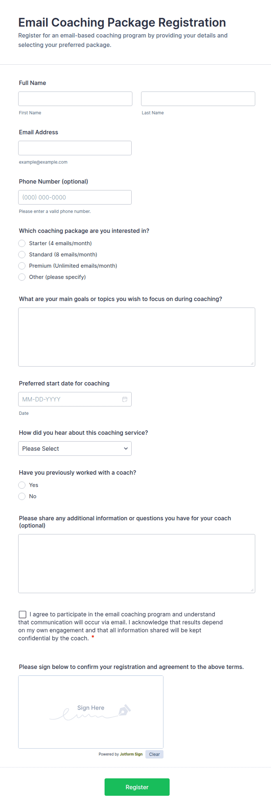 Email Coaching Package Registration Form Template | Jotform