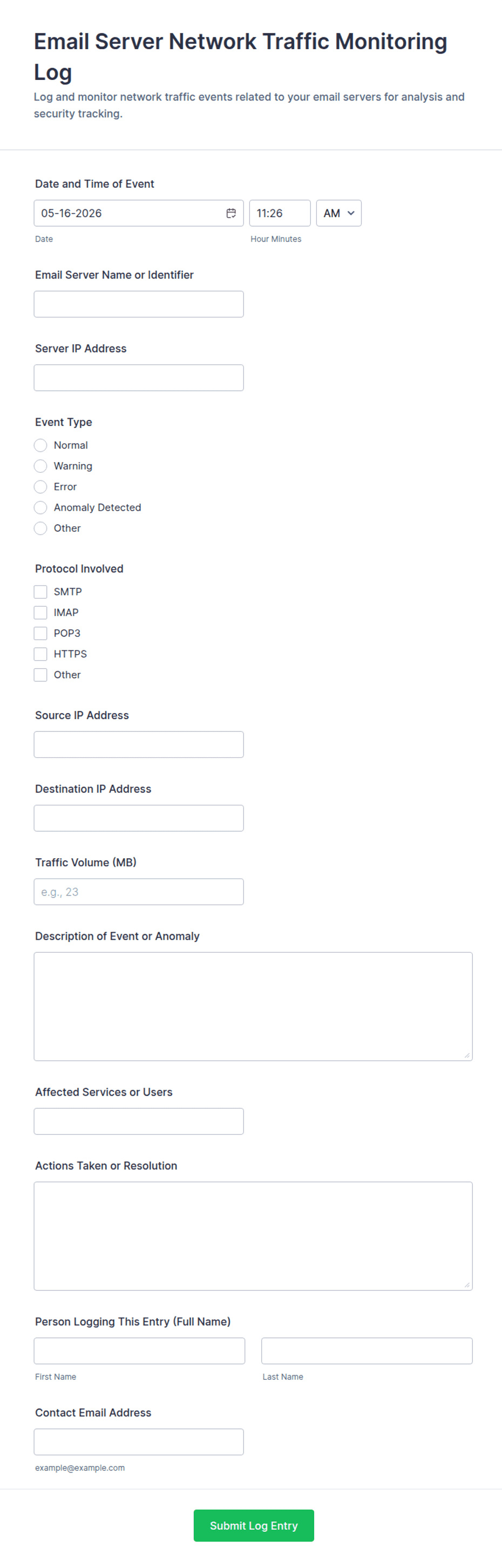 Email Server Network Traffic Monitoring Log Form Template | Jotform