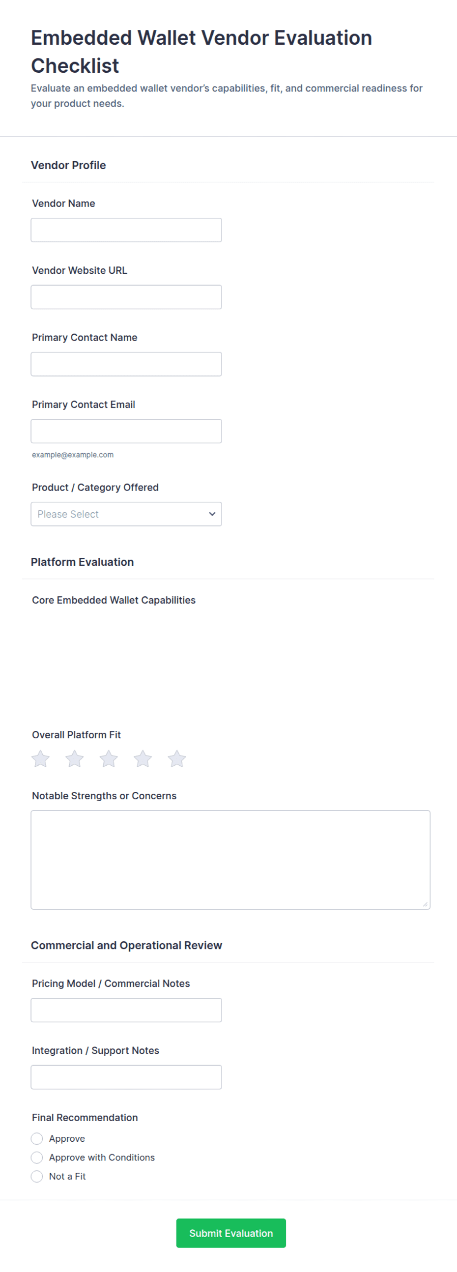 Embedded Wallet Vendor Evaluation Checklist Form Template | Jotform