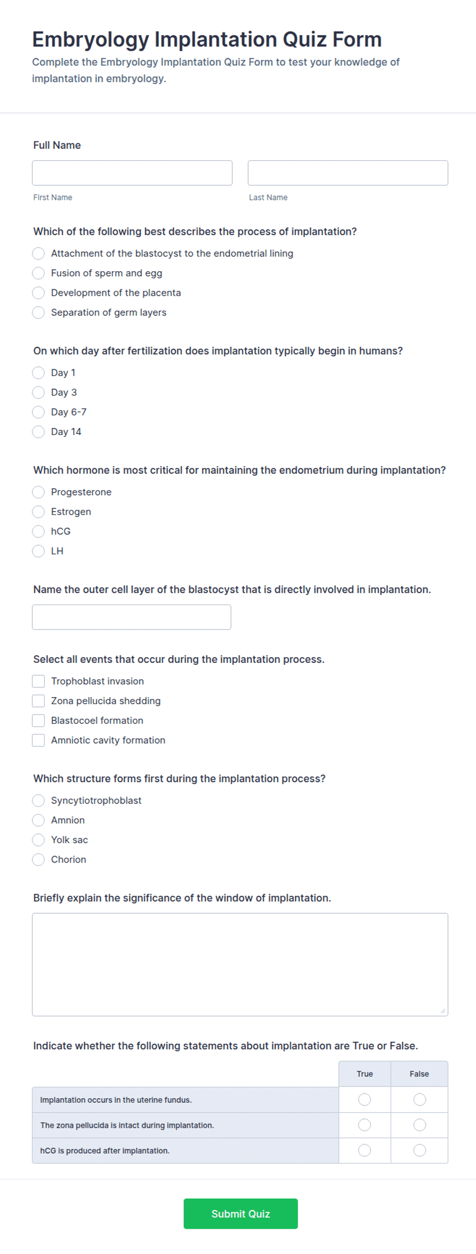 Embryology Implantation Quiz Form Template | Jotform