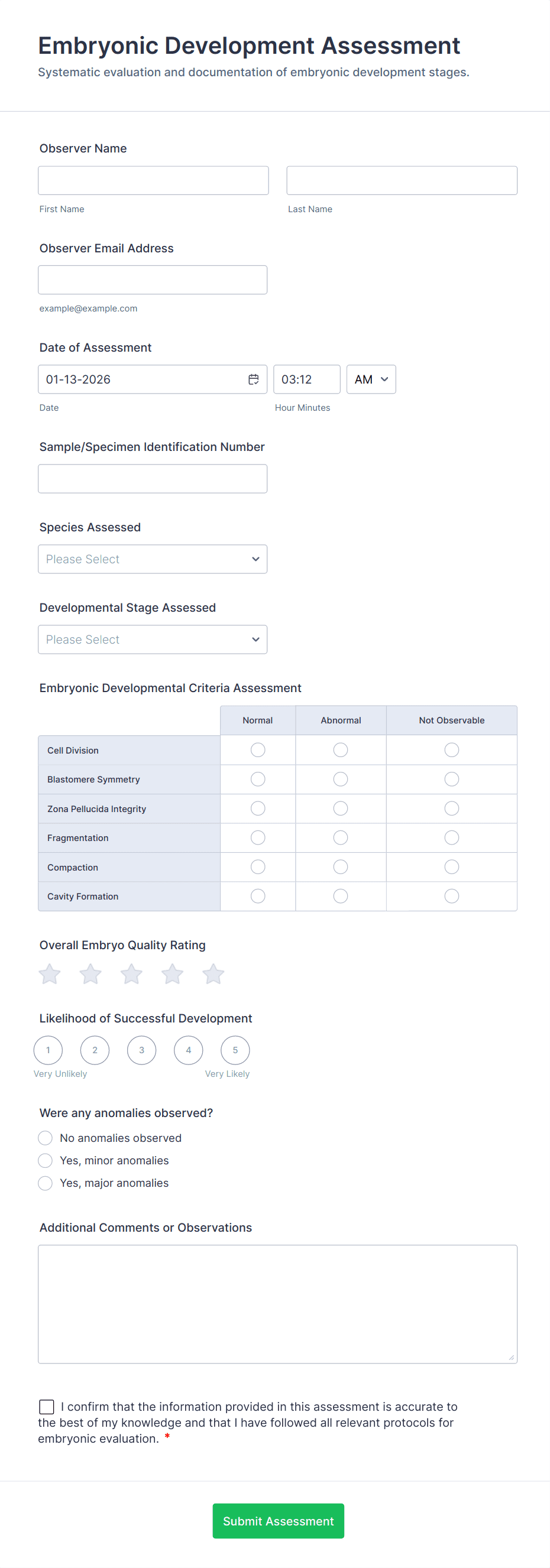 Embryonic Development Assessment Form Template | Jotform
