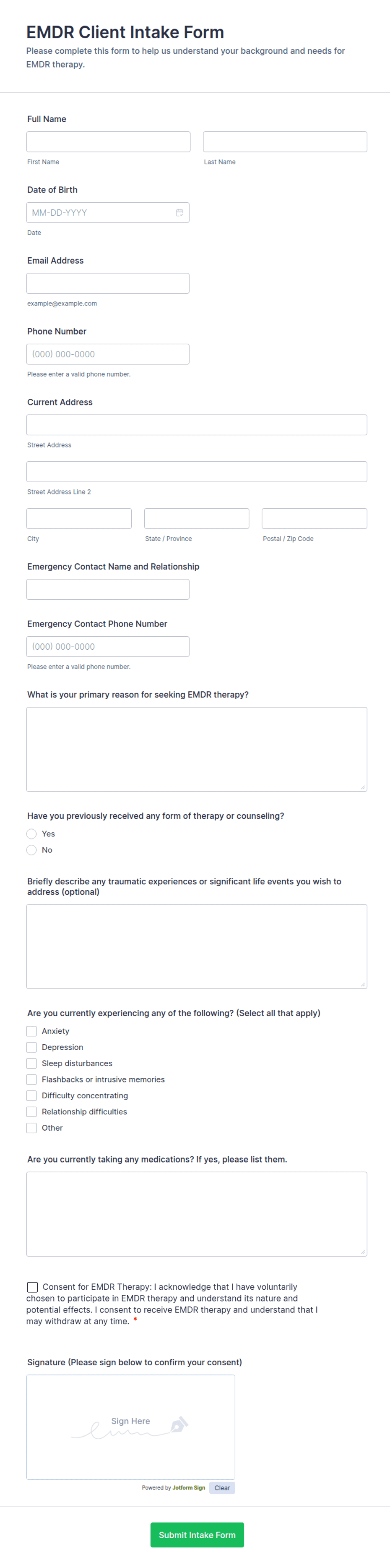 EMDR Client Intake Form Template | Jotform