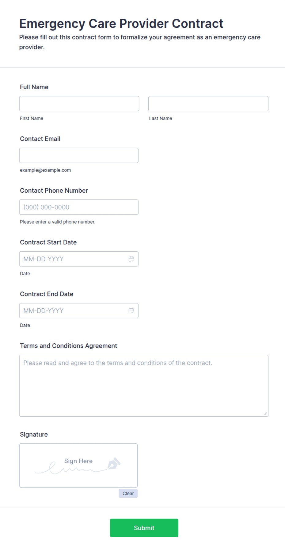 Emergency Care Provider Contract Form Template | Jotform