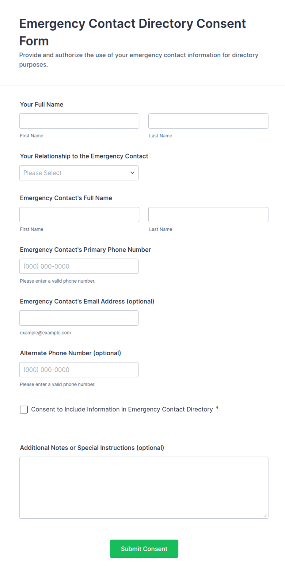 Emergency Contact Directory Consent Form Template | Jotform