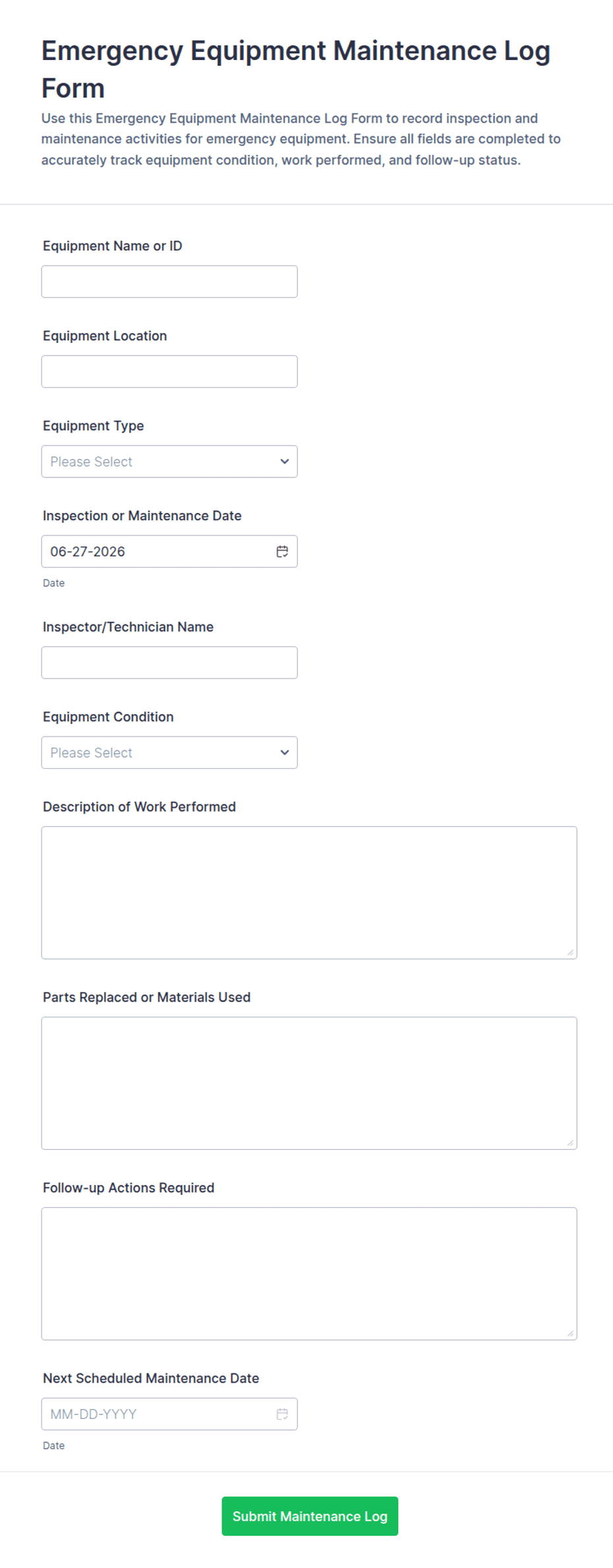Emergency Equipment Maintenance Log Form Template | Jotform
