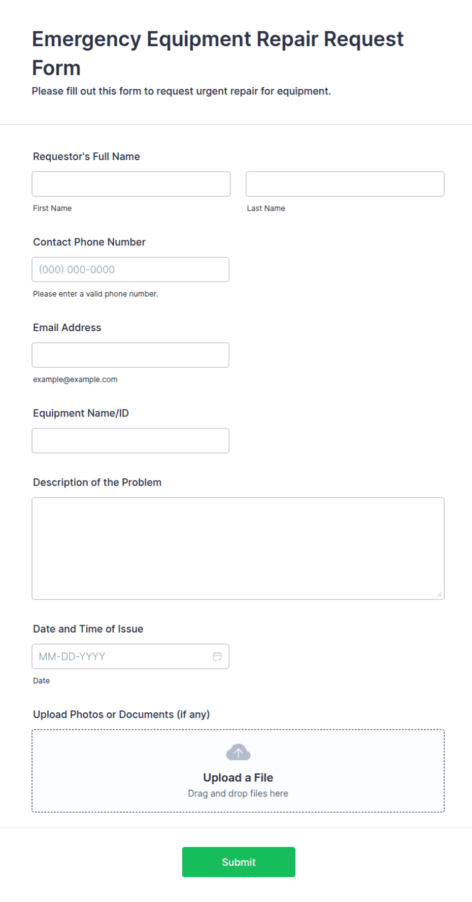 Emergency Equipment Repair Request Form Template | Jotform
