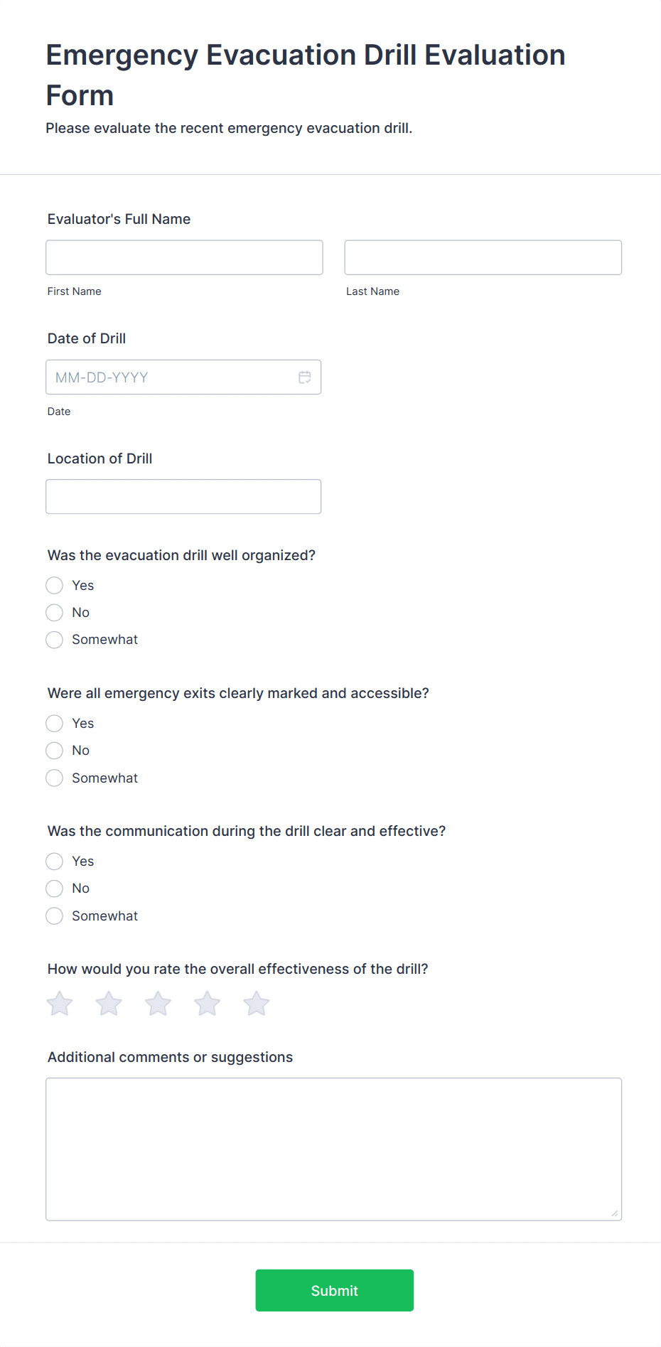 Emergency Evacuation Drill Evaluation Form Template | Jotform