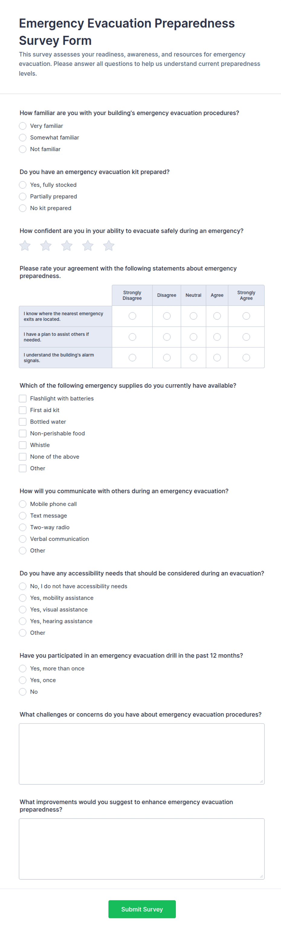 Emergency Evacuation Preparedness Survey Form Template | Jotform