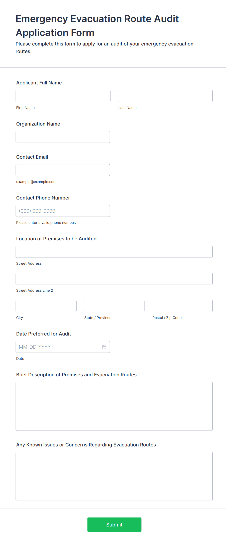 Emergency Evacuation Route Audit Application Form Template | Jotform