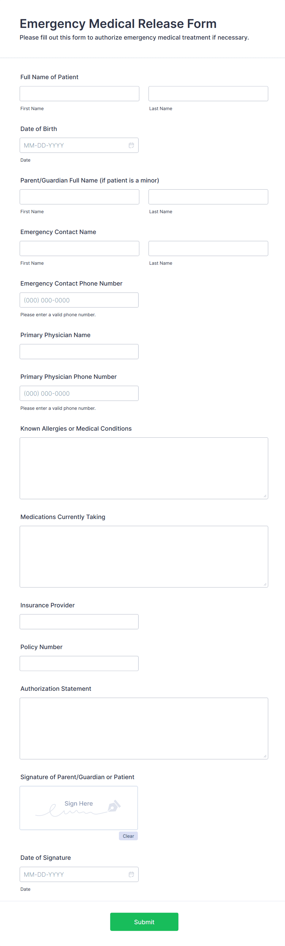 Emergency Medical Release Form Template | Jotform