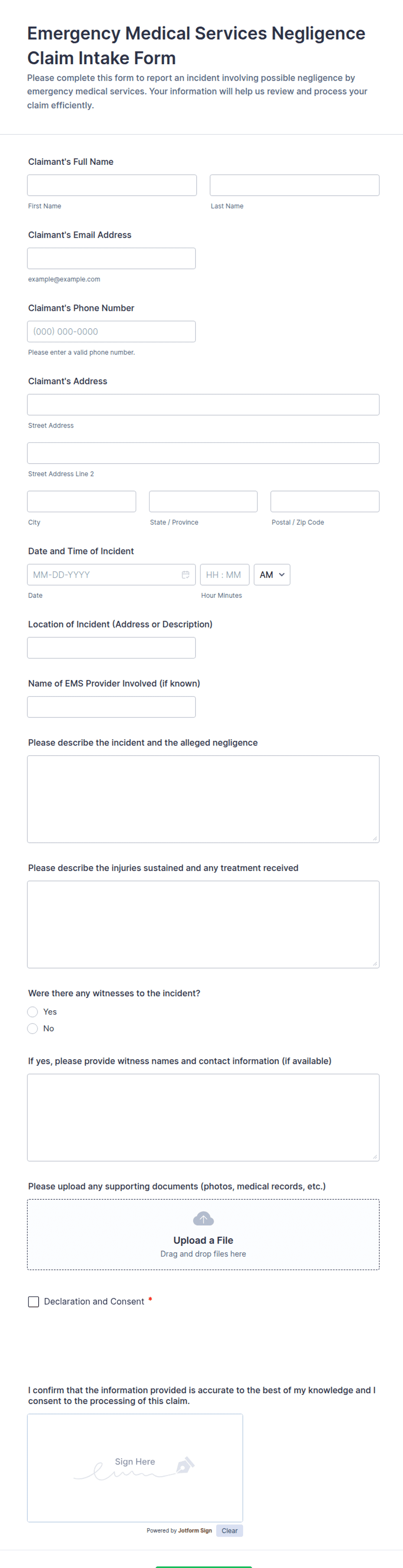 Emergency Medical Services Negligence Claim Intake Form Template | Jotform