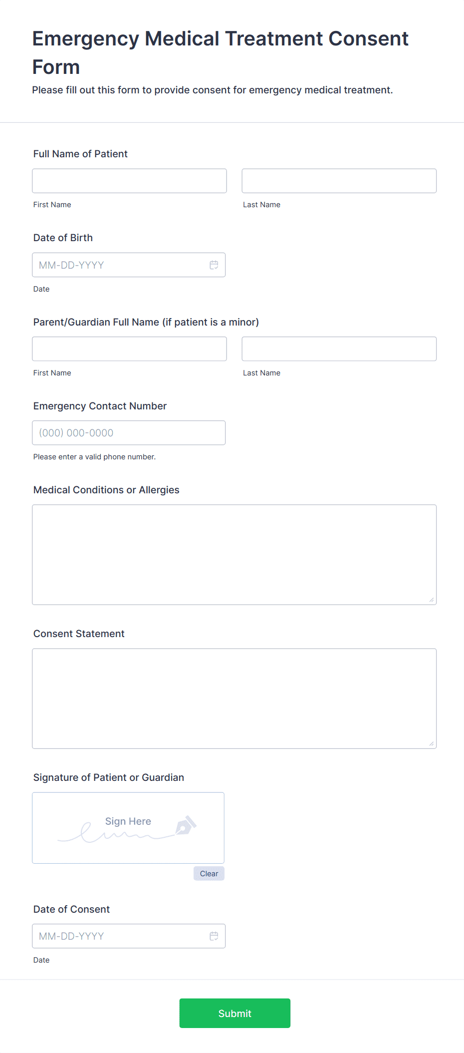 Emergency Medical Treatment Consent Form Template | Jotform