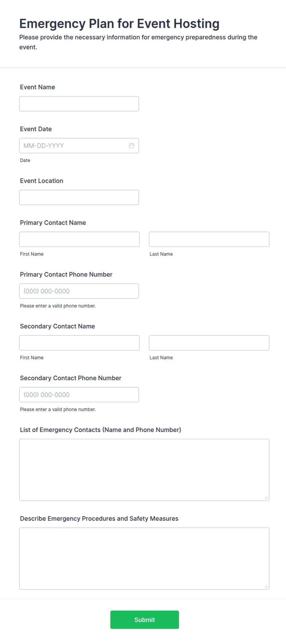 Emergency Plan for Event Hosting Form Template | Jotform