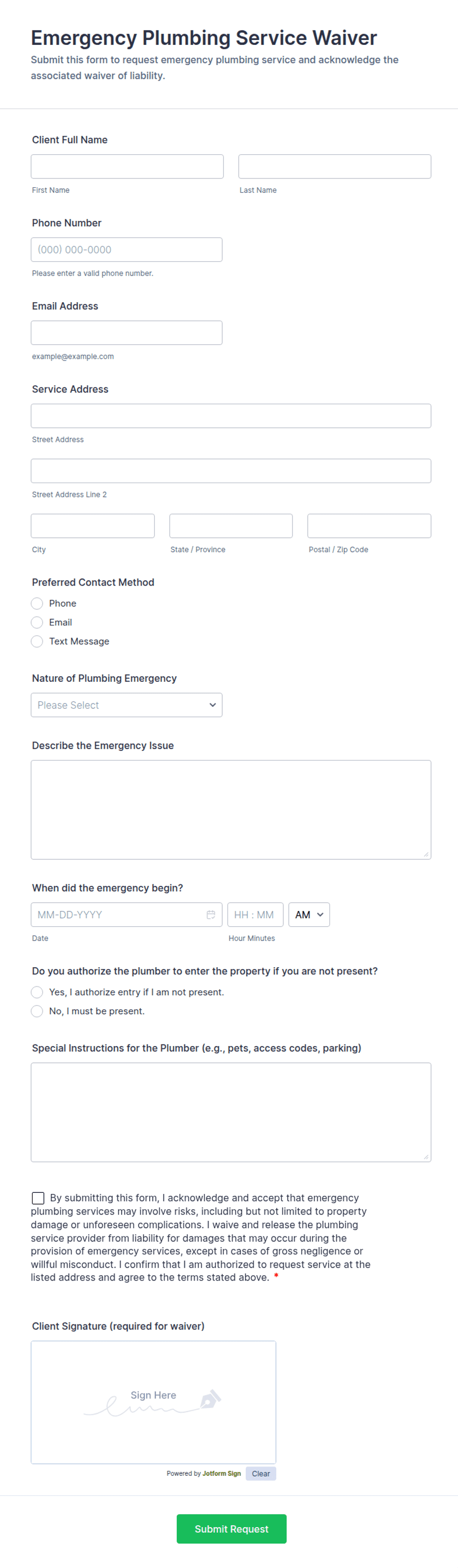 Emergency Plumbing Service Waiver Form Template | Jotform
