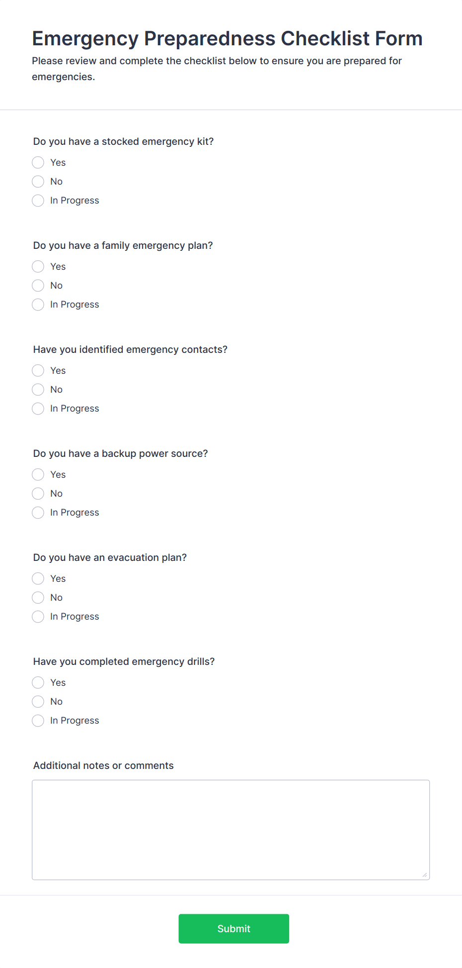 Emergency Preparedness Checklist Form Template | Jotform