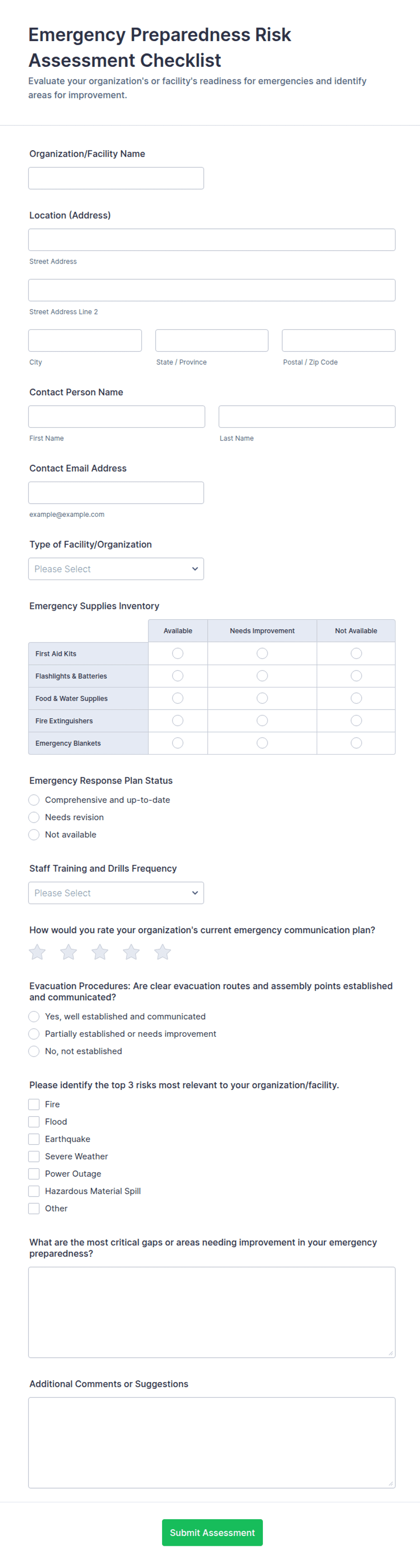 Emergency Preparedness Risk Assessment Checklist Form Template | Jotform